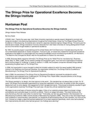 "The Shingo Prize for Operational Excellence Becomes the Shingo Institu ...